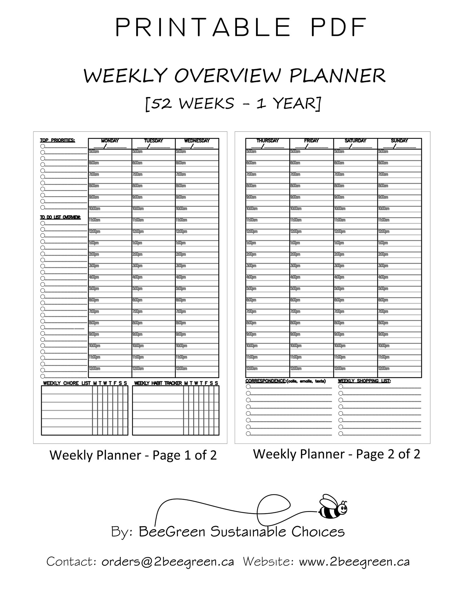Weekly Overview Planner Plan Your Weeks weekly Day Timers & to Do Lists ...