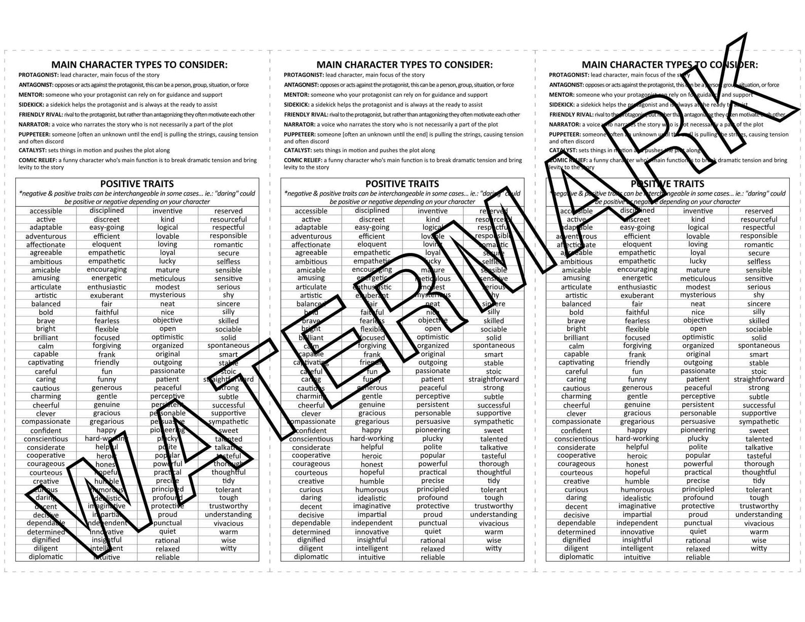 Character Traits Bookmark – Writer's Reference Sheet (printable PDF) - Etsy