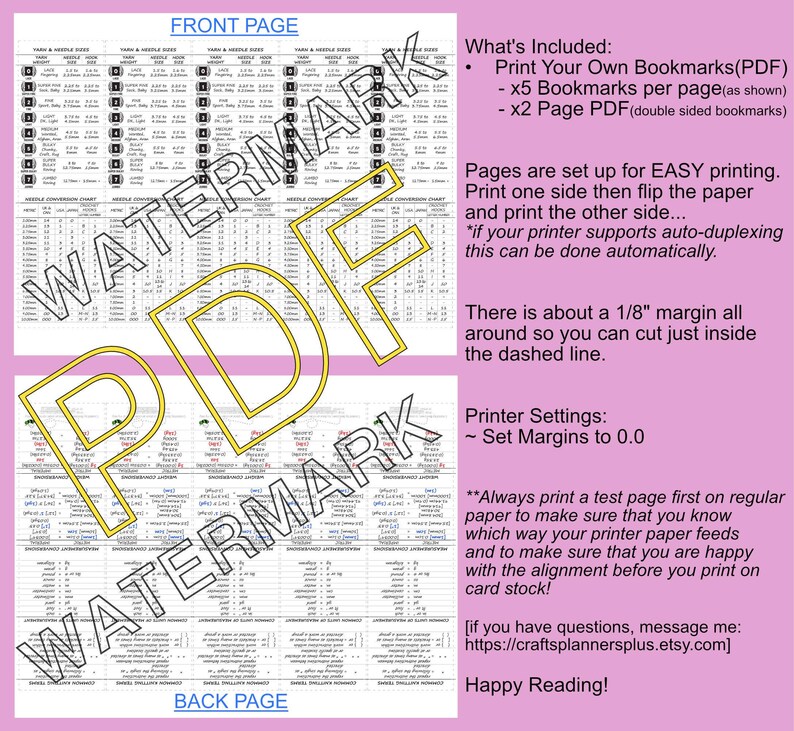 Knitting Terms, Sizes & Conversions Bookmark, Metric Conversion Chart ...