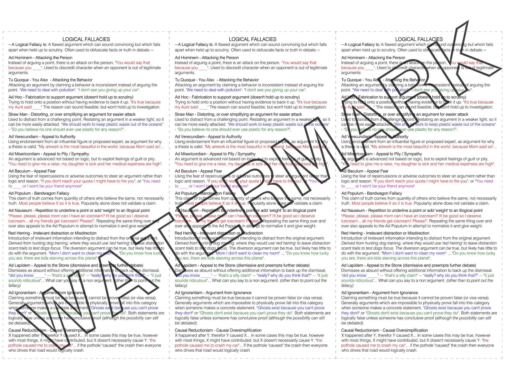 NEW~PDF Logical Fallacy Bookmark - Quick Reference - Debating ...