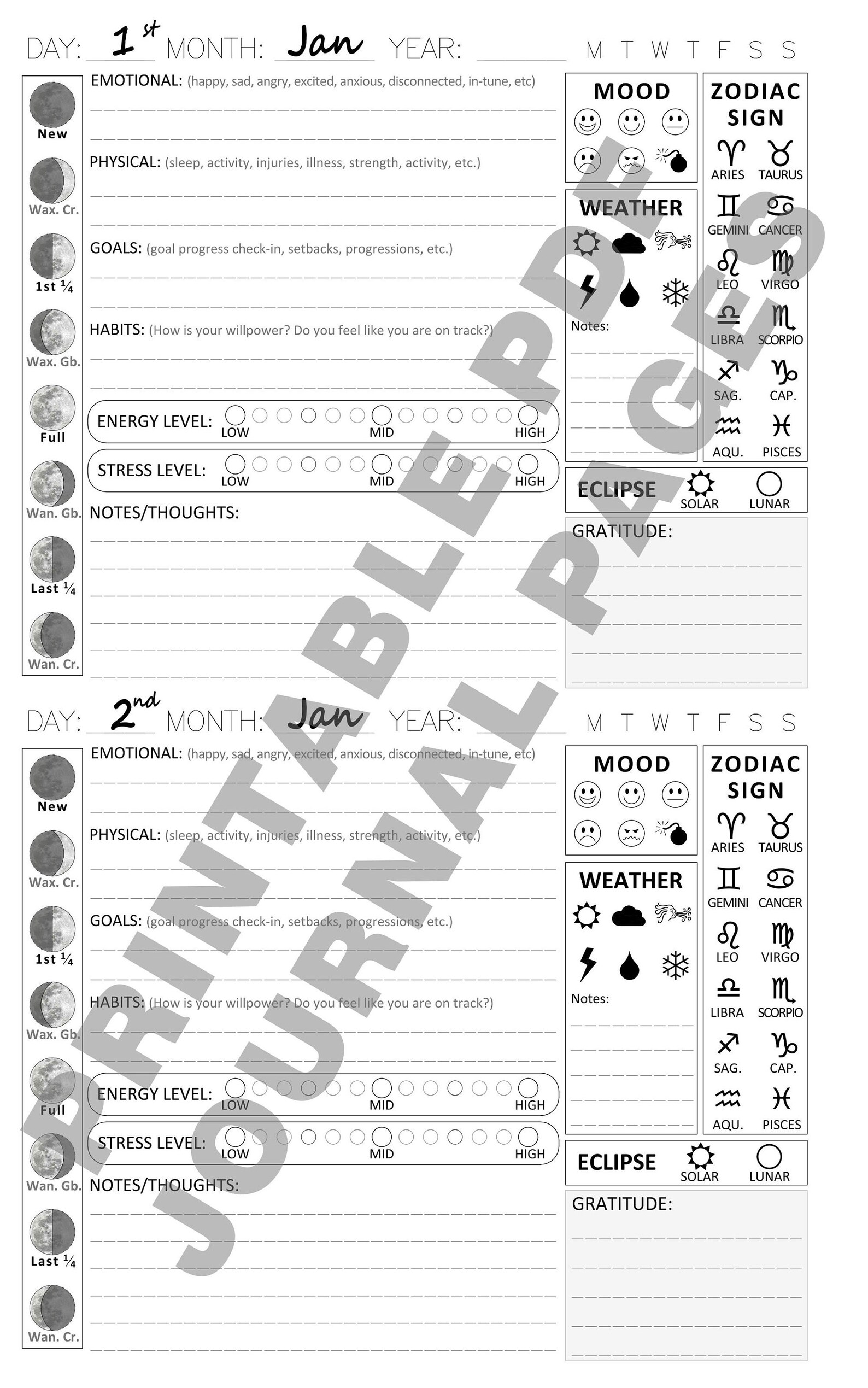 Lunar Journal / Moon Journal - Track Your Relationship to Lunar Phases ...