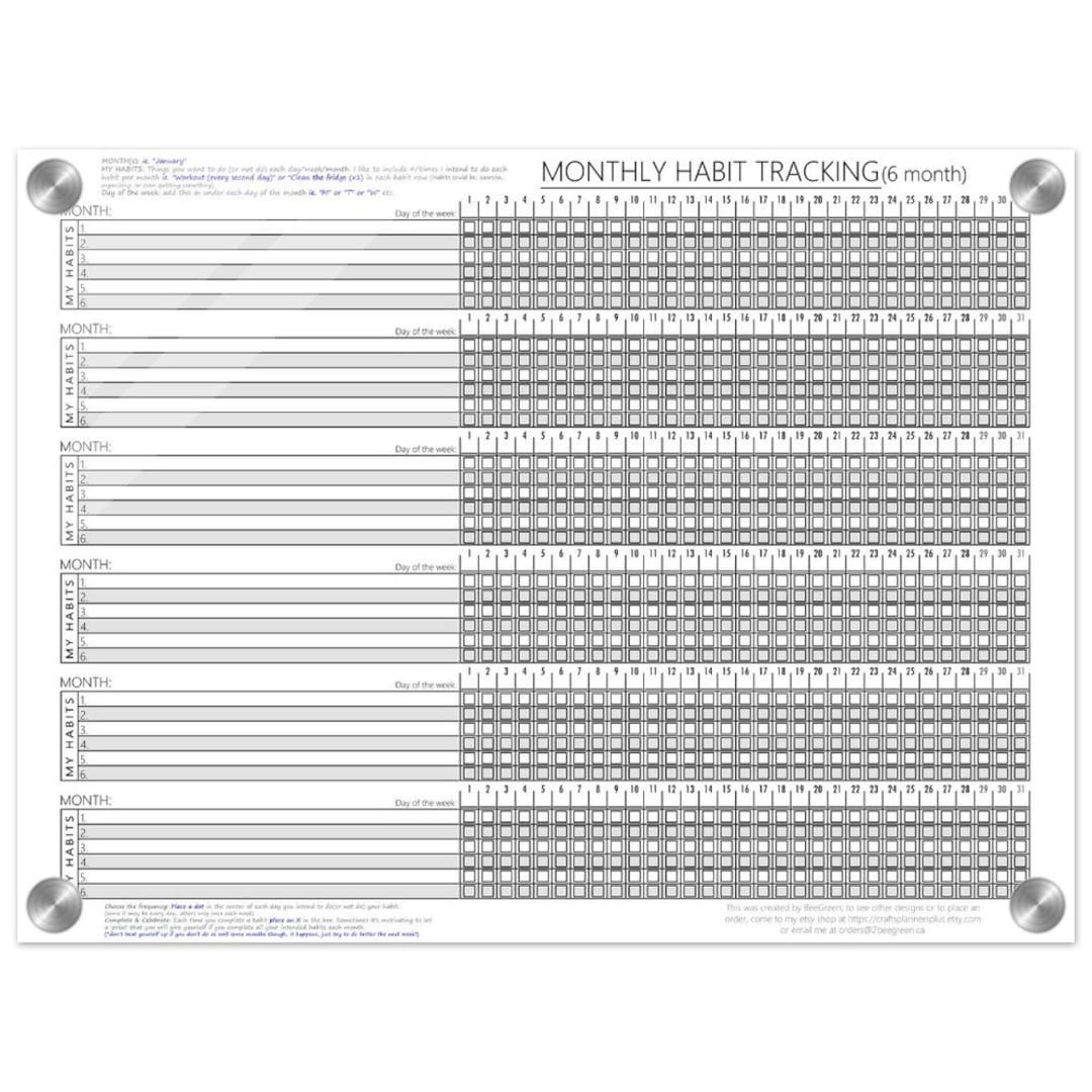 Monthly Habit Chart Dry Erase (landscape) - Acrylic 6 Month Habit ...