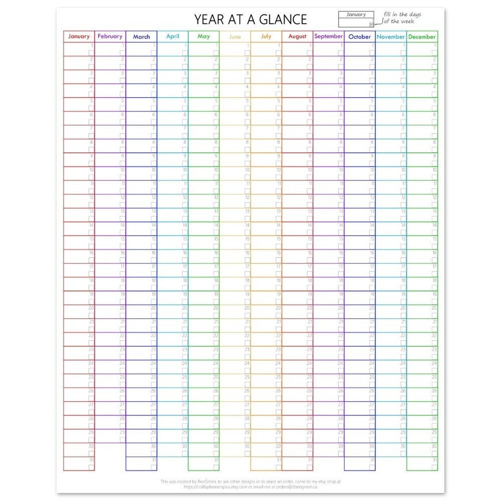 Year at a Glance Poster Printed on 170 Gsm/ 65 Lb Poster Paper rainbow ...