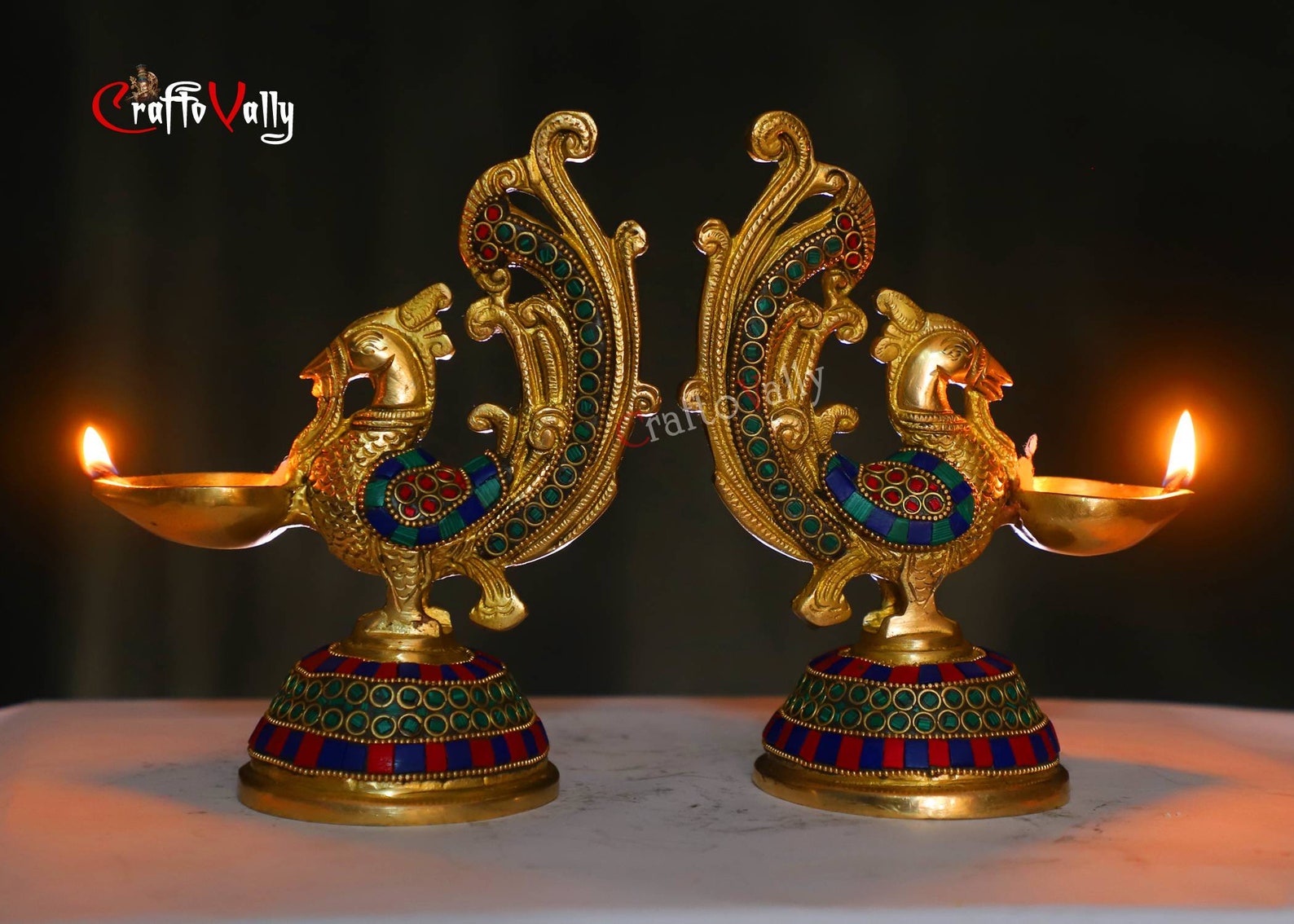 Brass Annam Diya Set: Indian Deepak Oil Lamp With Turquoise Inlay (20CM ...