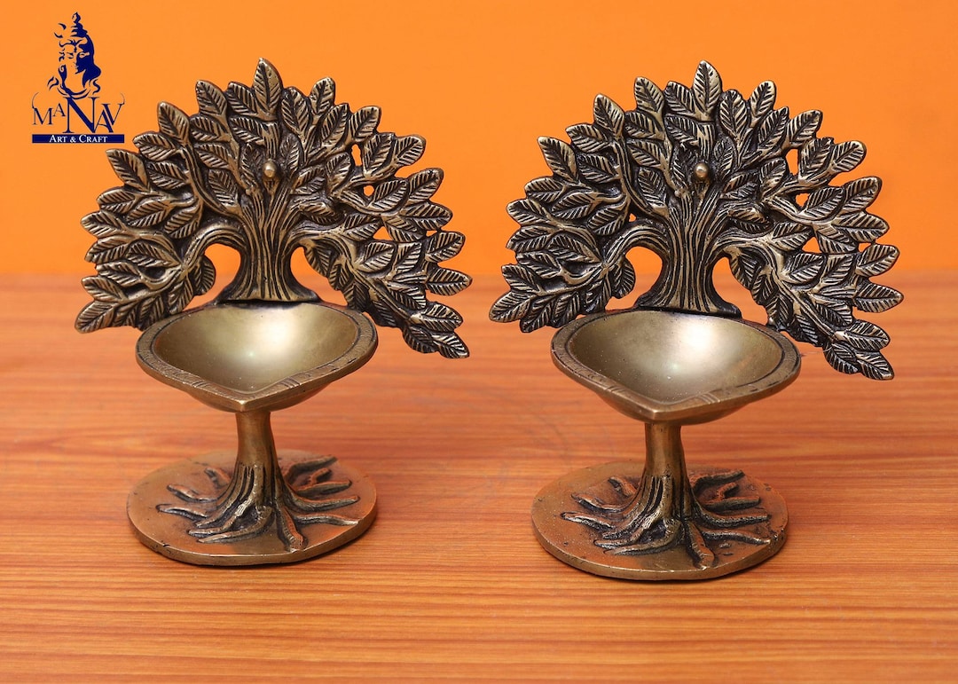 Brass Tree Diya Set: Indian Deepak Oil Lamp, Home Temple Decor - Etsy