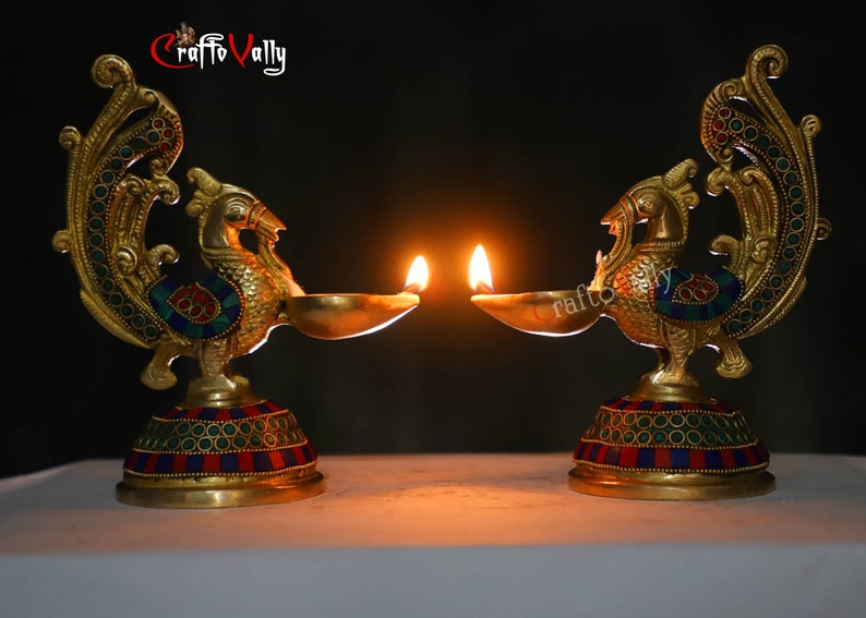 Brass Annam Diya Set: Indian Deepak Oil Lamp With Turquoise Inlay (20CM ...
