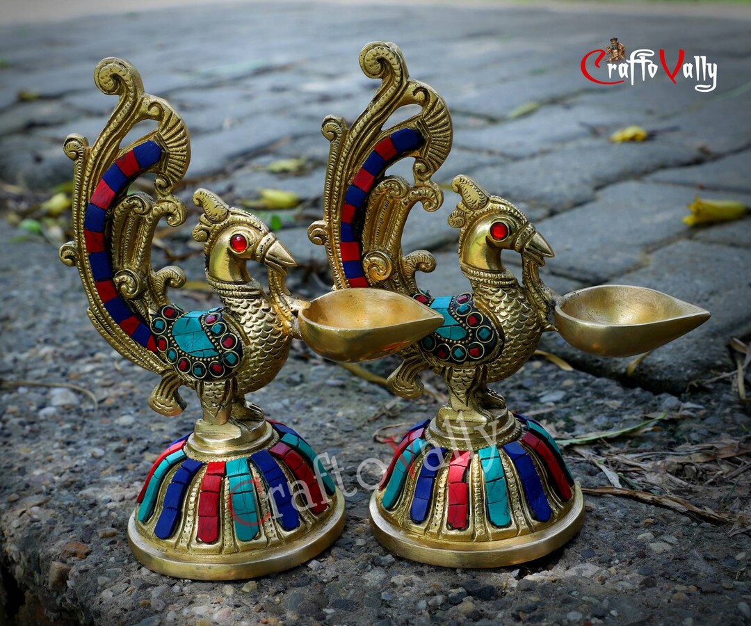 Brass Annam Bird Diya Set: Indian Deepak Lamp With Turquoise Inlay - Etsy