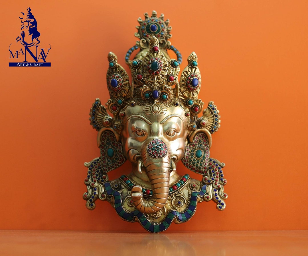Brass Ganesha Face - 36.5CM, Hanging Ganesh Face in Brass, Ganesh ...