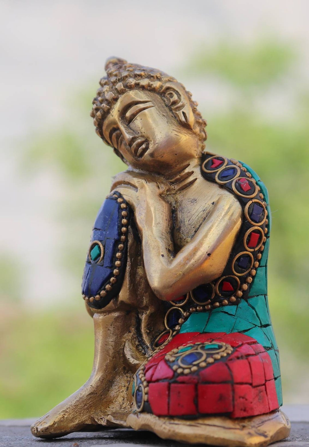 Brass Resting Buddha Statue With Stone Inlay (10CM) - Etsy