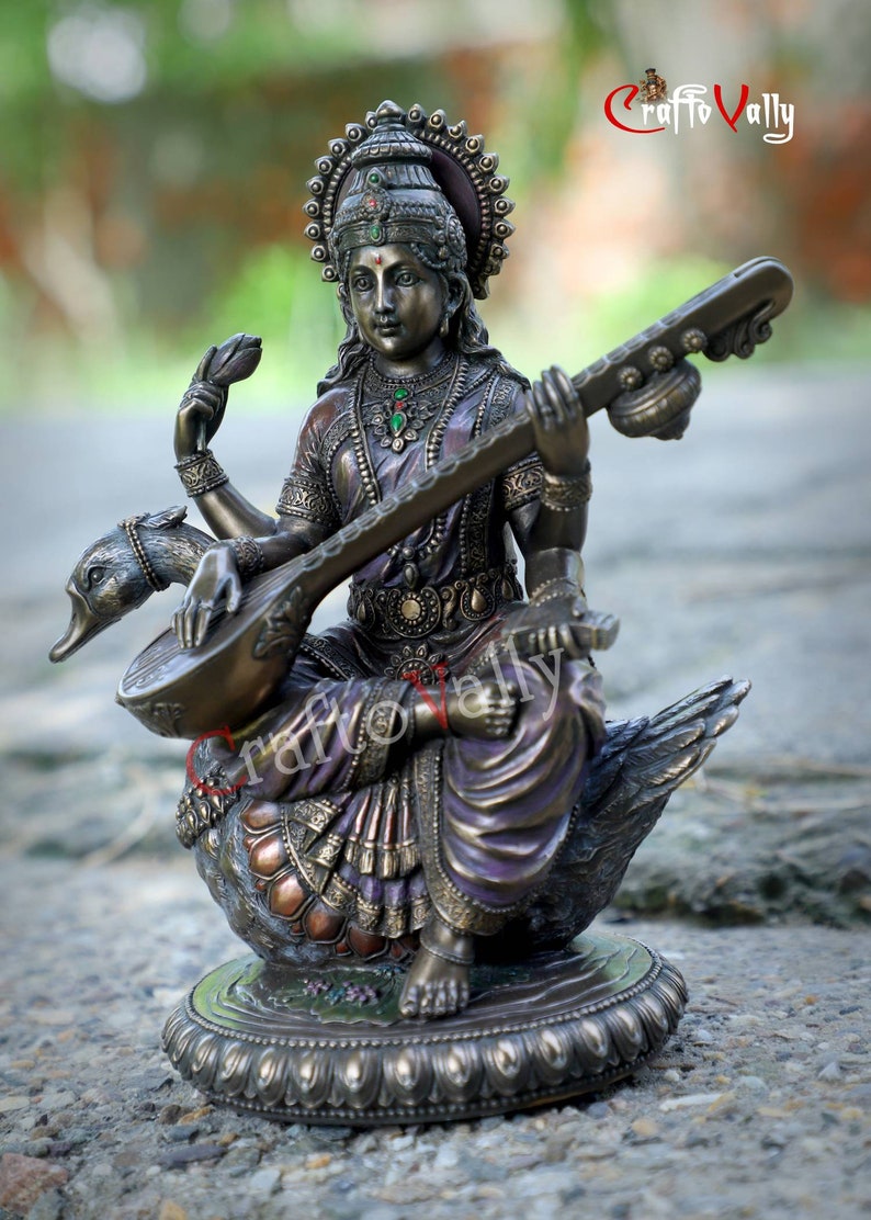 Goddess Saraswati Statue: Bonded Bronze Devi Idol on Swan (21cm) - Etsy