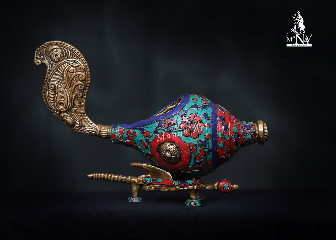 Brass Shankh Conch Shell With Stand: Stonework Hindu Pooja Decor - Etsy