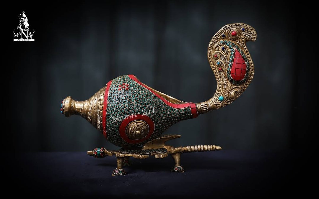 Stonework Brass Conch Shell With Stand: Hindu Pooja Decor - Etsy