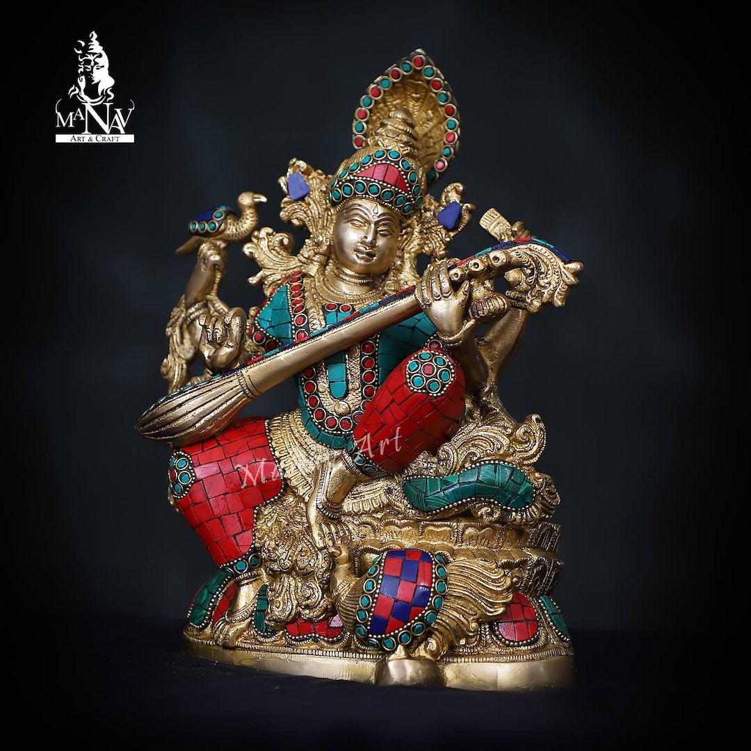 Brass Saraswati Statue With Veena: Hindu Goddess of Music, Art (28 Cm ...