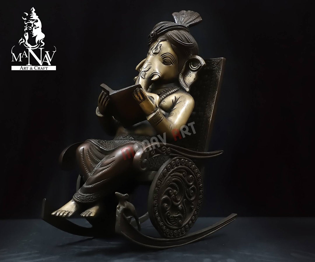 Brass Ganesha Statue: 16" Ganesh Idol Reading Book on Rocking Chair - Etsy
