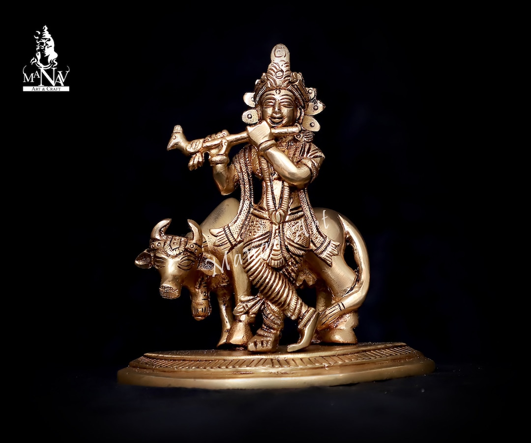 Brass Krishna Cow Statue: Hindu Temple Decor (14CM) - Etsy