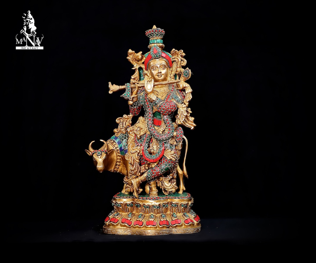 Brass Cow Krishna Statue, 43 CM Brass Cow Krishna Alter, Krishna ...