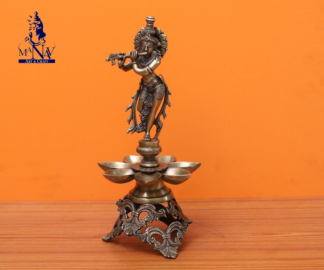 Brass Krishna Diya: Indian Deepak Oil Lamp, Home Temple Decor (39 CM ...