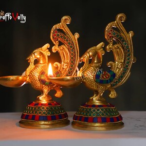 Brass Annam Diya Set: Indian Deepak Oil Lamp With Turquoise Inlay (20CM ...