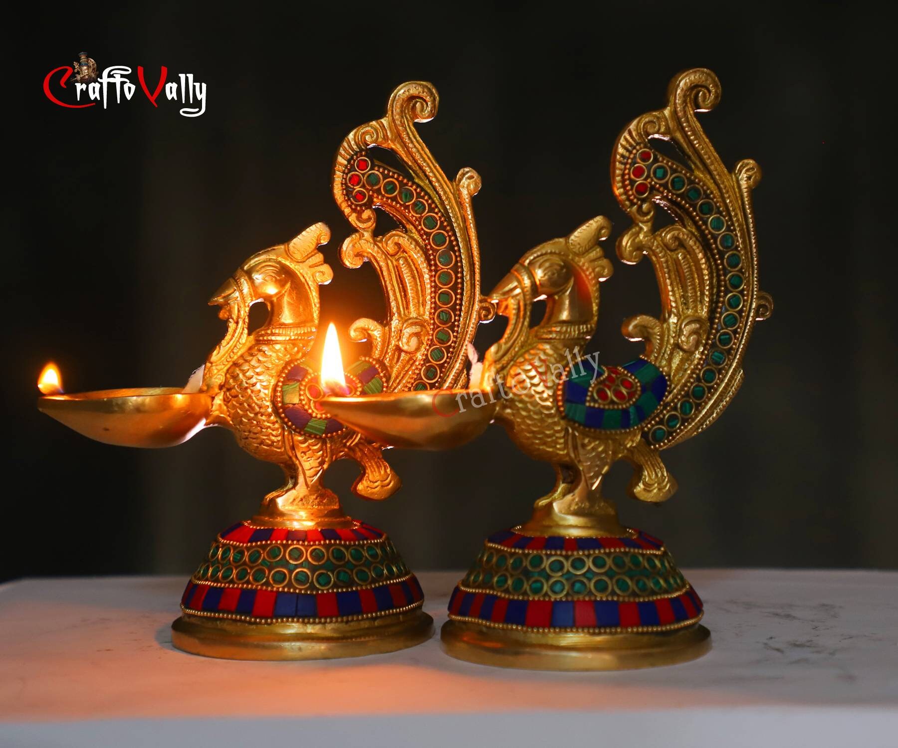Brass Annam Diya Set: Indian Deepak Oil Lamp With Turquoise Inlay (20CM ...
