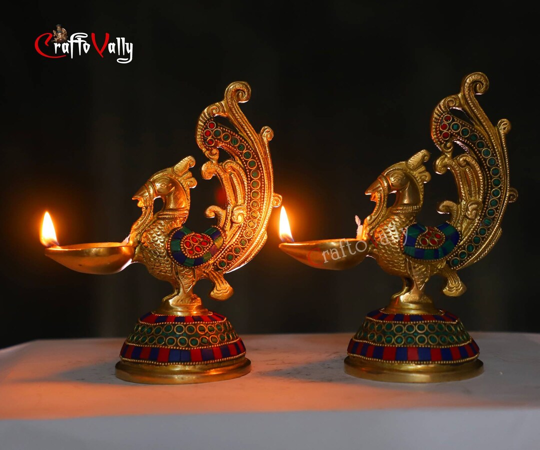 Brass Annam Diya Set: Indian Deepak Oil Lamp With Turquoise Inlay (20CM ...
