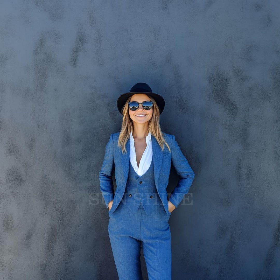 Luxury DARK SKY BLUE Linen Suit for Women, 3 Piece Wedding Linen Suit ...