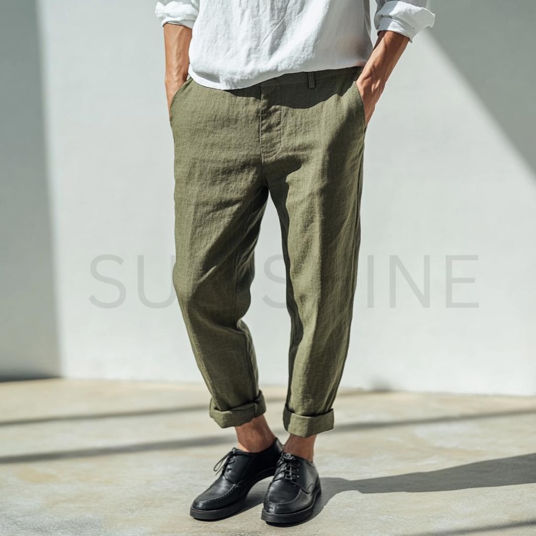 Premium Pure OLIVE GREEN Linen Pants Trousers for Men's, Relax Fit ...