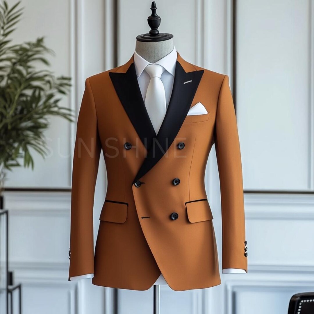 Rust Copper Tuxedo Double Breasted Style With Black Lapels 2 Piece Slim ...