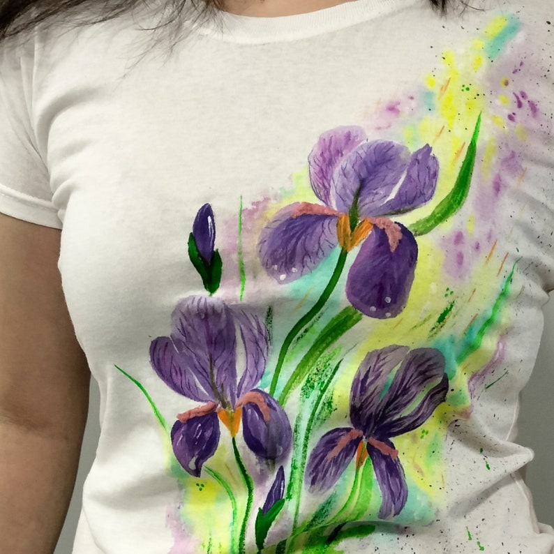 Original Painting on T-shirt, Hand-painted Womens T-shirt Irises ...