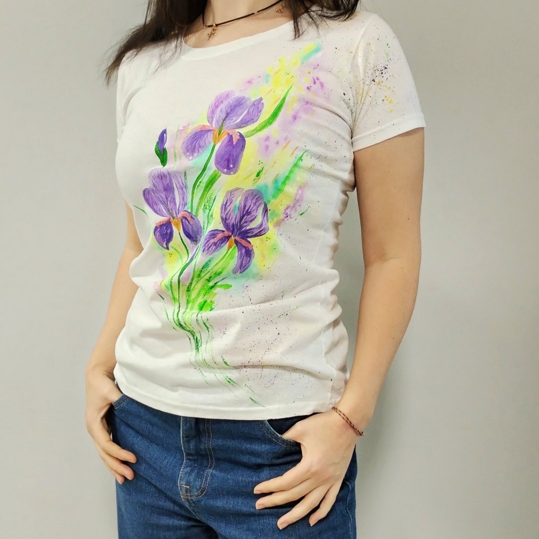 Original Painting on T-shirt, Hand-painted Womens T-shirt Irises ...