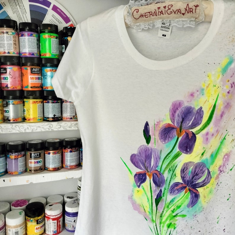 Original Painting on T-shirt, Hand-painted Womens T-shirt Irises ...