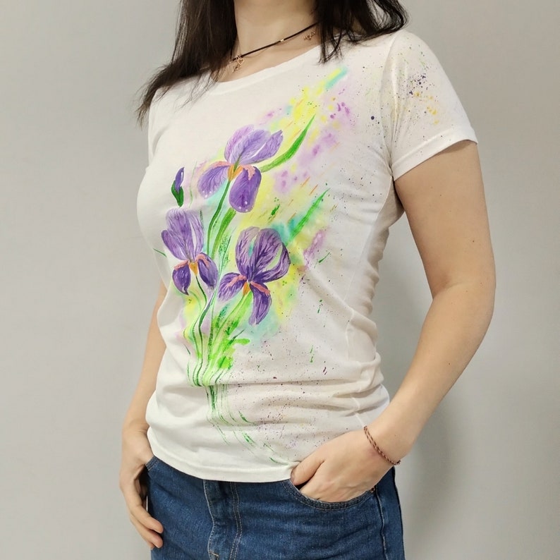 Original Painting on T-shirt, Hand-painted Womens T-shirt Irises ...