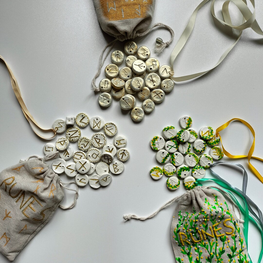 Hand-painted Ceramic Rune Set in Cotton Hand-paintedpouch. Handmade ...