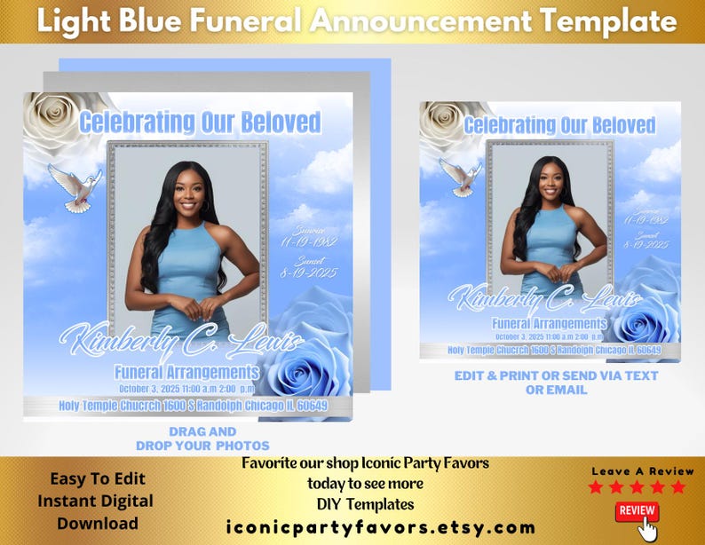 Light Blue Funeral Announcement Flyer: Elegant Memorial Invitation ...