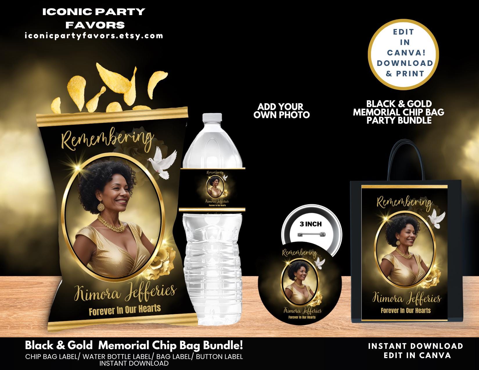 Gold & Black Memorial Chip Bag Bundle: Funeral Party Favors Digital ...