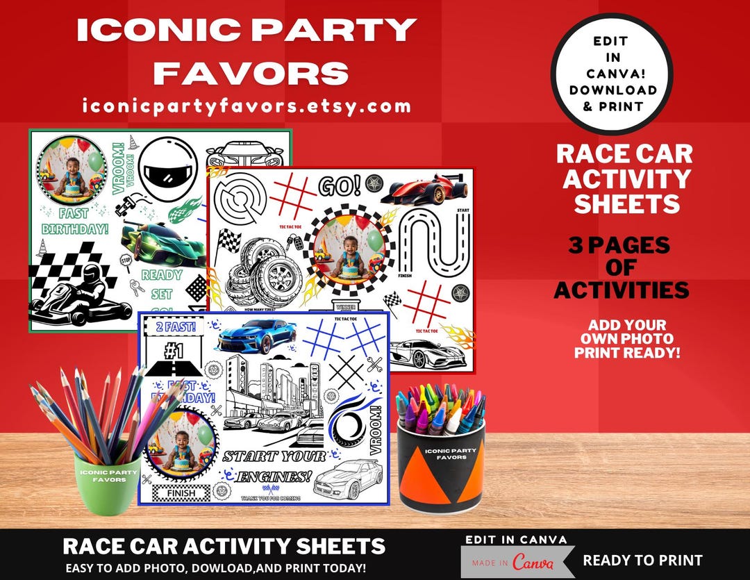 Editable Race Car Color Activity Sheets/ Race Car Activity Placemats ...
