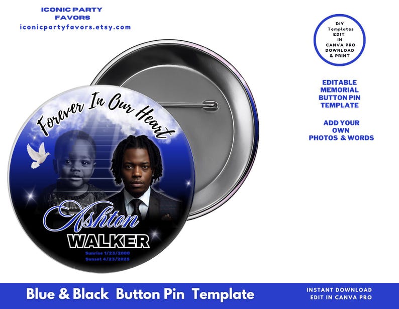Black and Blue Memorial Button Pins: Funeral Keepsake Button With Photo ...