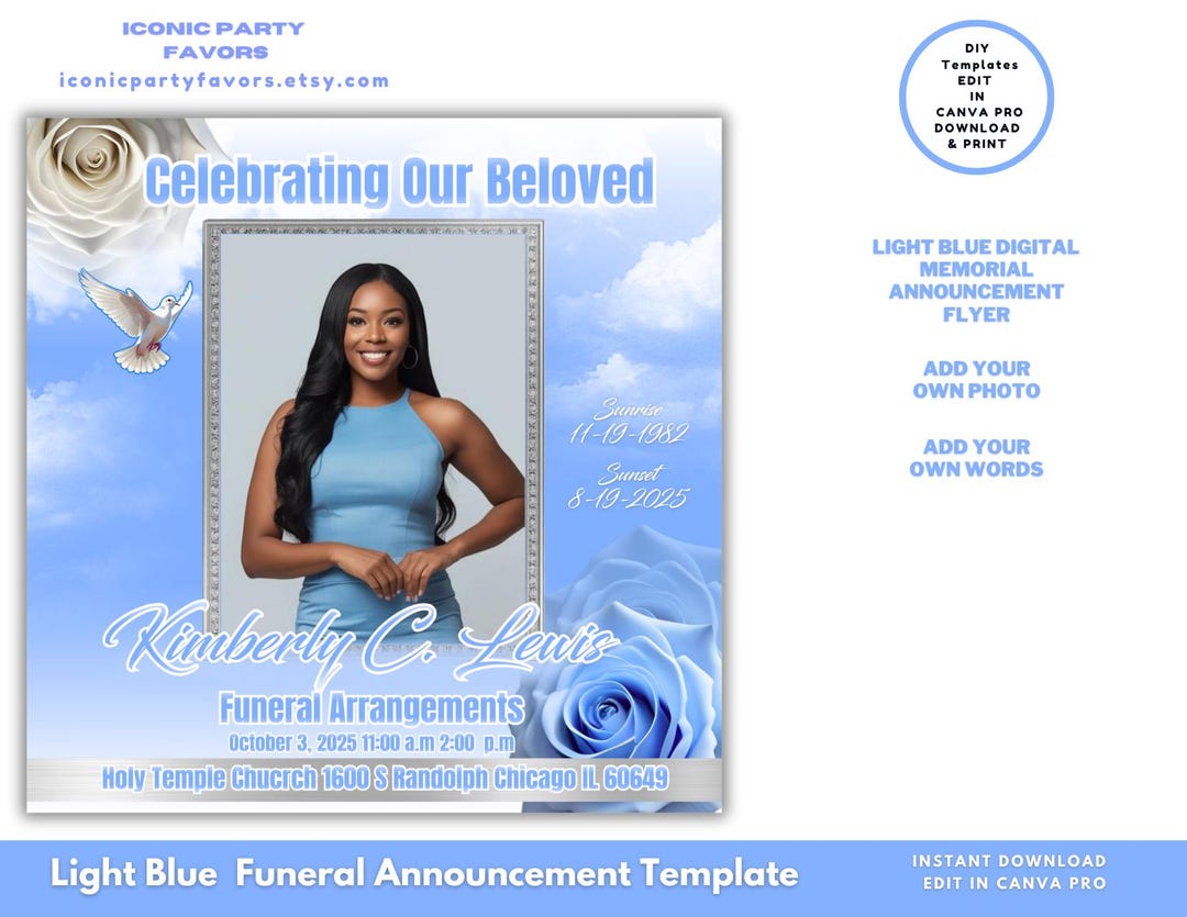 Light Blue Funeral Announcement Flyer: Elegant Memorial Invitation ...