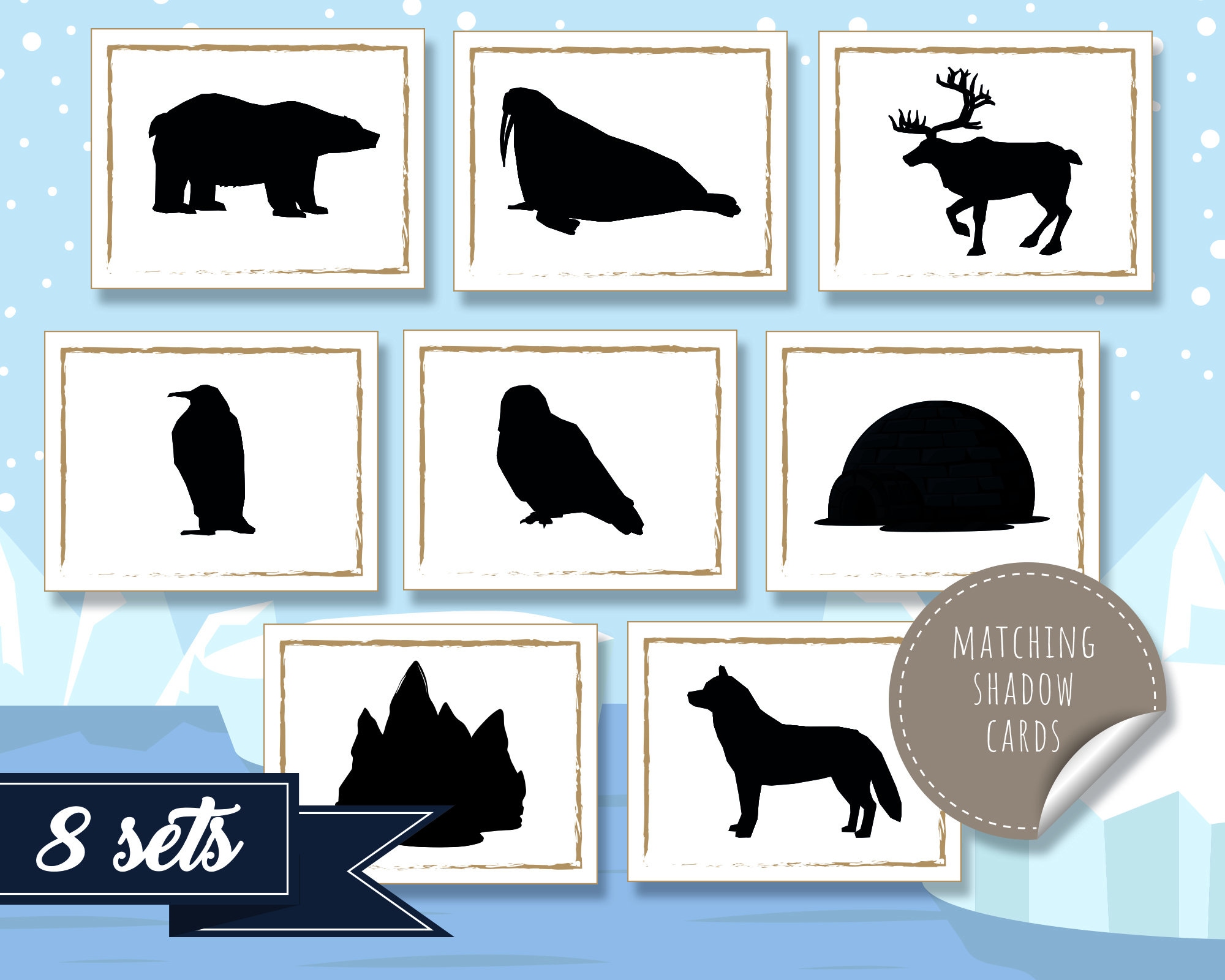 Arctic animals matching shadow cards printable with | Etsy