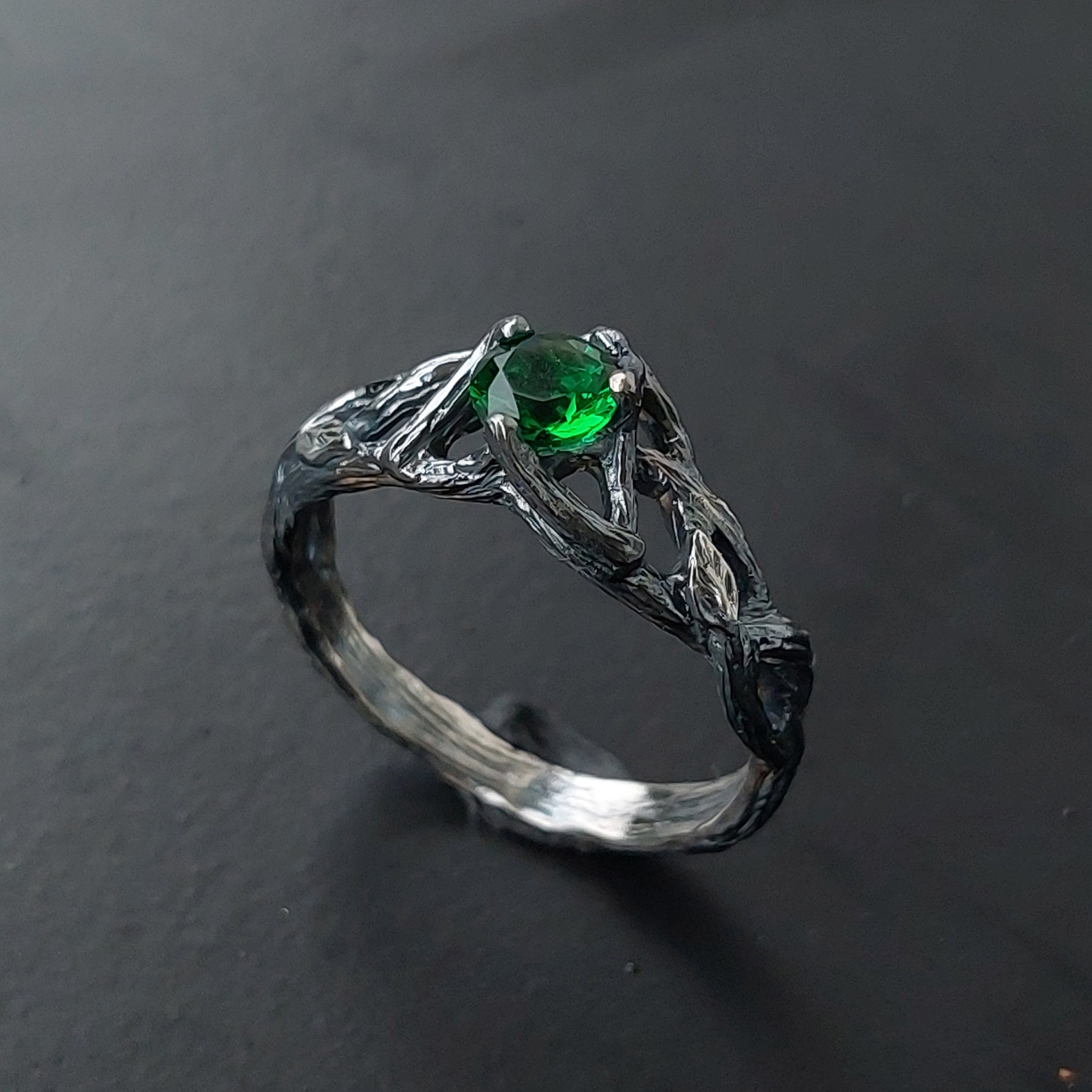 Sterling Silver Branch Engagement Ring With Emerald Unique - Etsy
