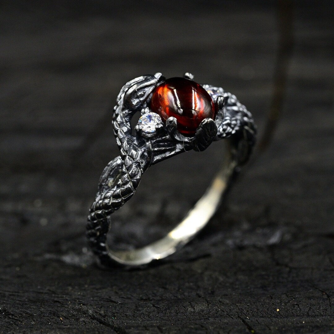Sterling Silver Garnet Snake Ring Large Goth Serpent Ring Serpents of the Thorns Thorn Snake ...