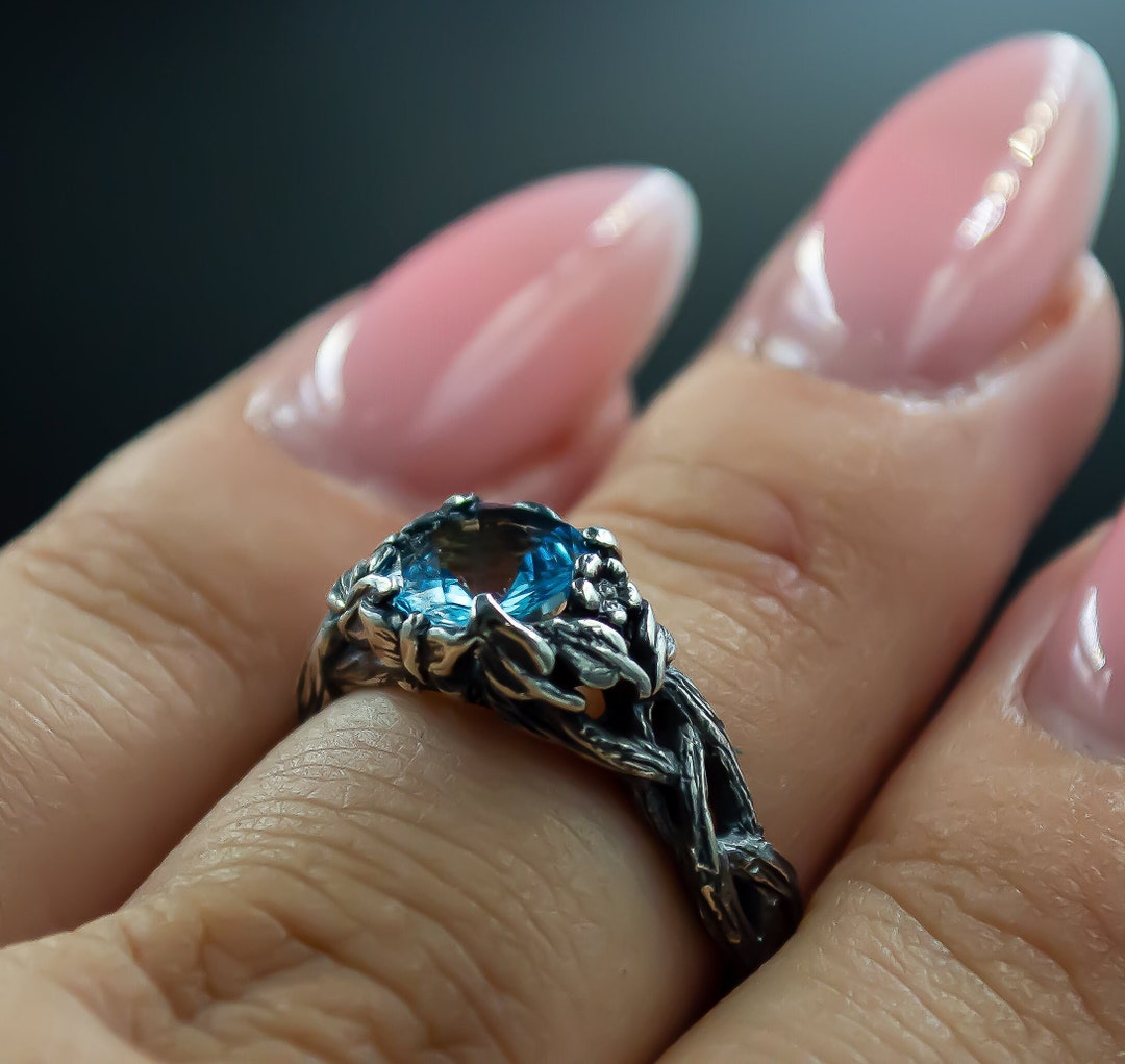 Braided Branch and Topaz Engagement Ring, Silver Tree Bark Women's Ring ...