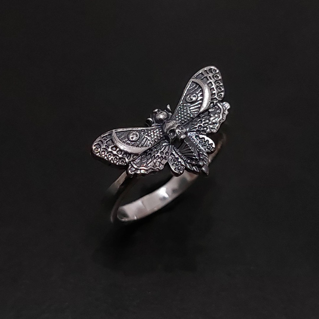 Gothic Moth Ring With Skull Detail – Unique Silver Statement Jewelry - Etsy