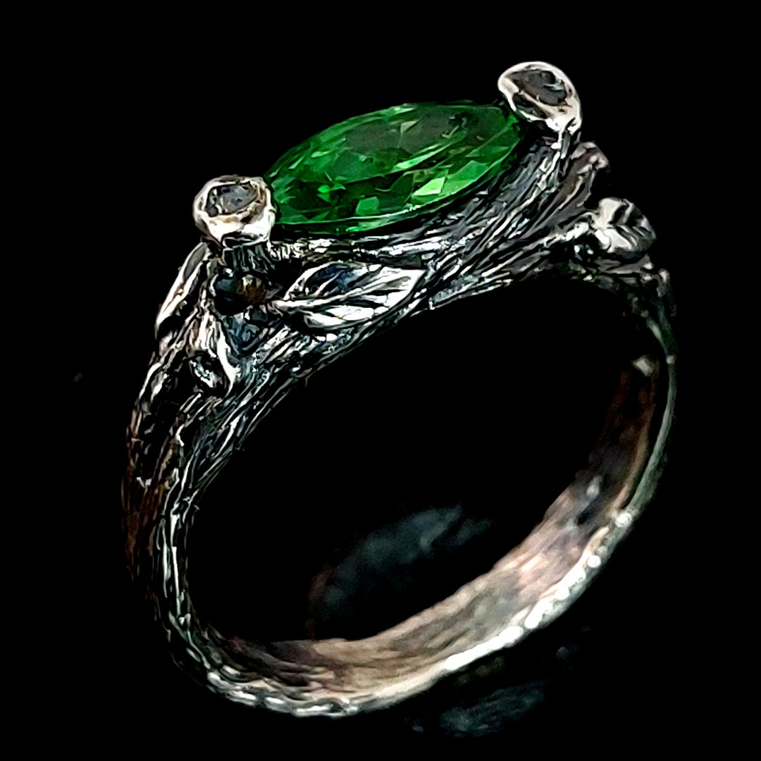Celtic Emerald Silver Ring, Tiny Branch Silver Ring With Emerald ...