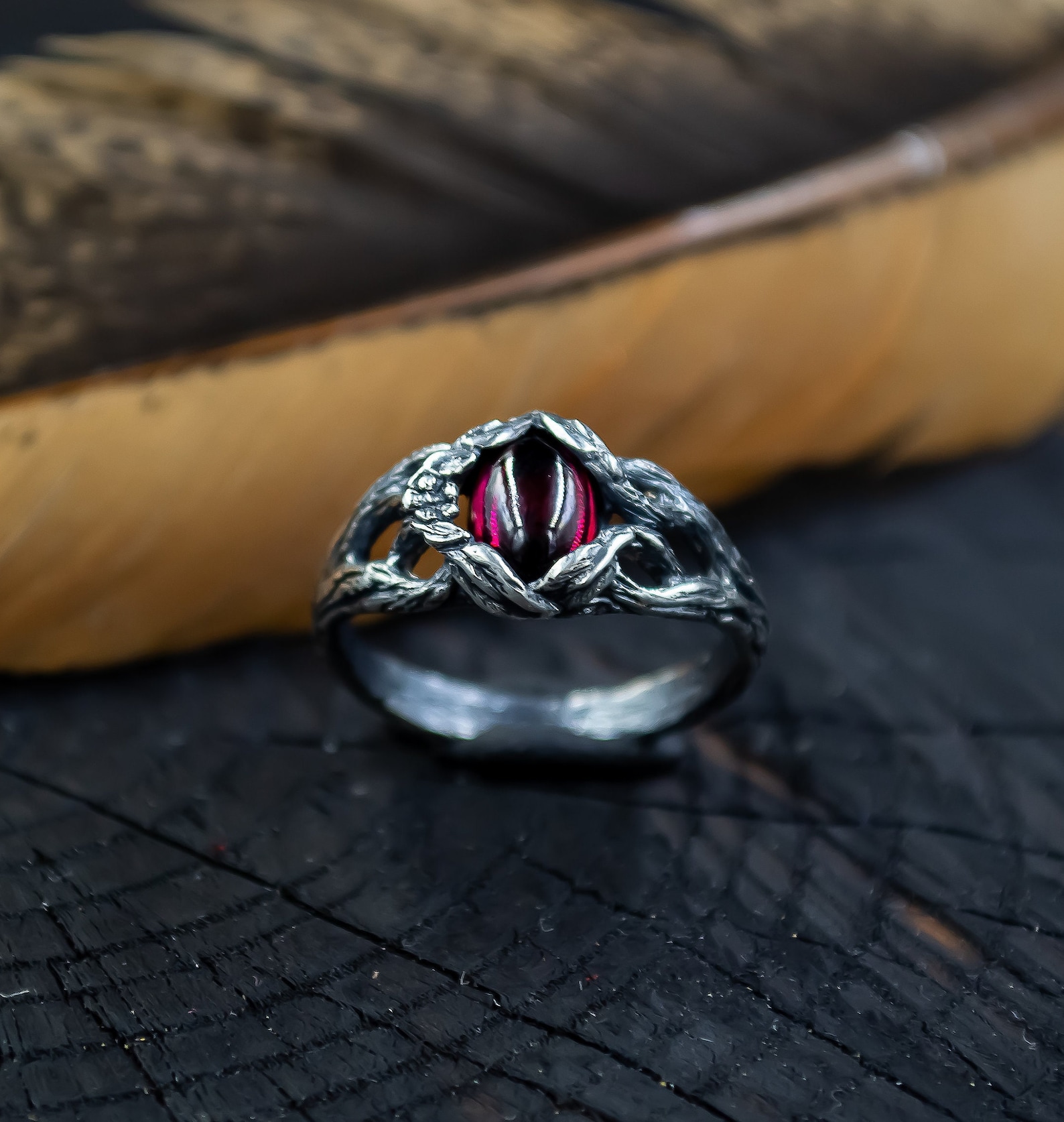 Vine Inspired Ring - Cabochon Garnet Jewelry - Sterling Silver Leaf ...