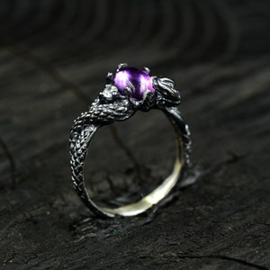 Amethyst Snake Ring - Textured Silver Dragon Scale Jewelry - Fantasy ...