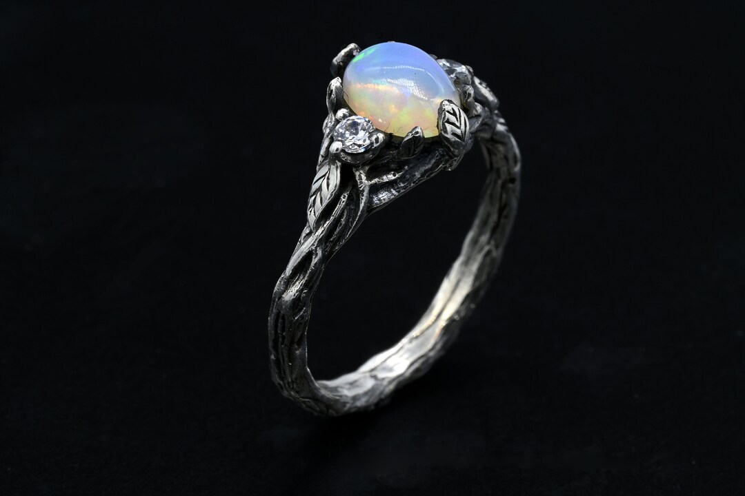 Unique Opal Ring, Dainty Branch and Leaves Opal Ring, Flower on the ...