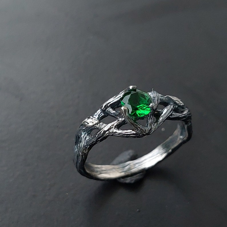 Sterling Silver Branch Engagement Ring With Emerald Unique - Etsy
