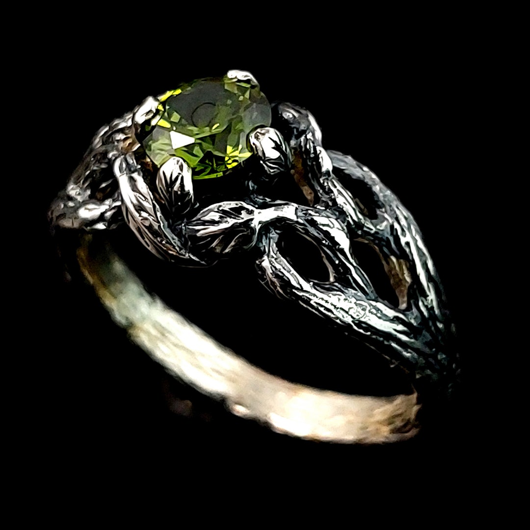 Elven Peridot Wedding Ring, Elven Engagement Ring, Dark Elven Silver ...
