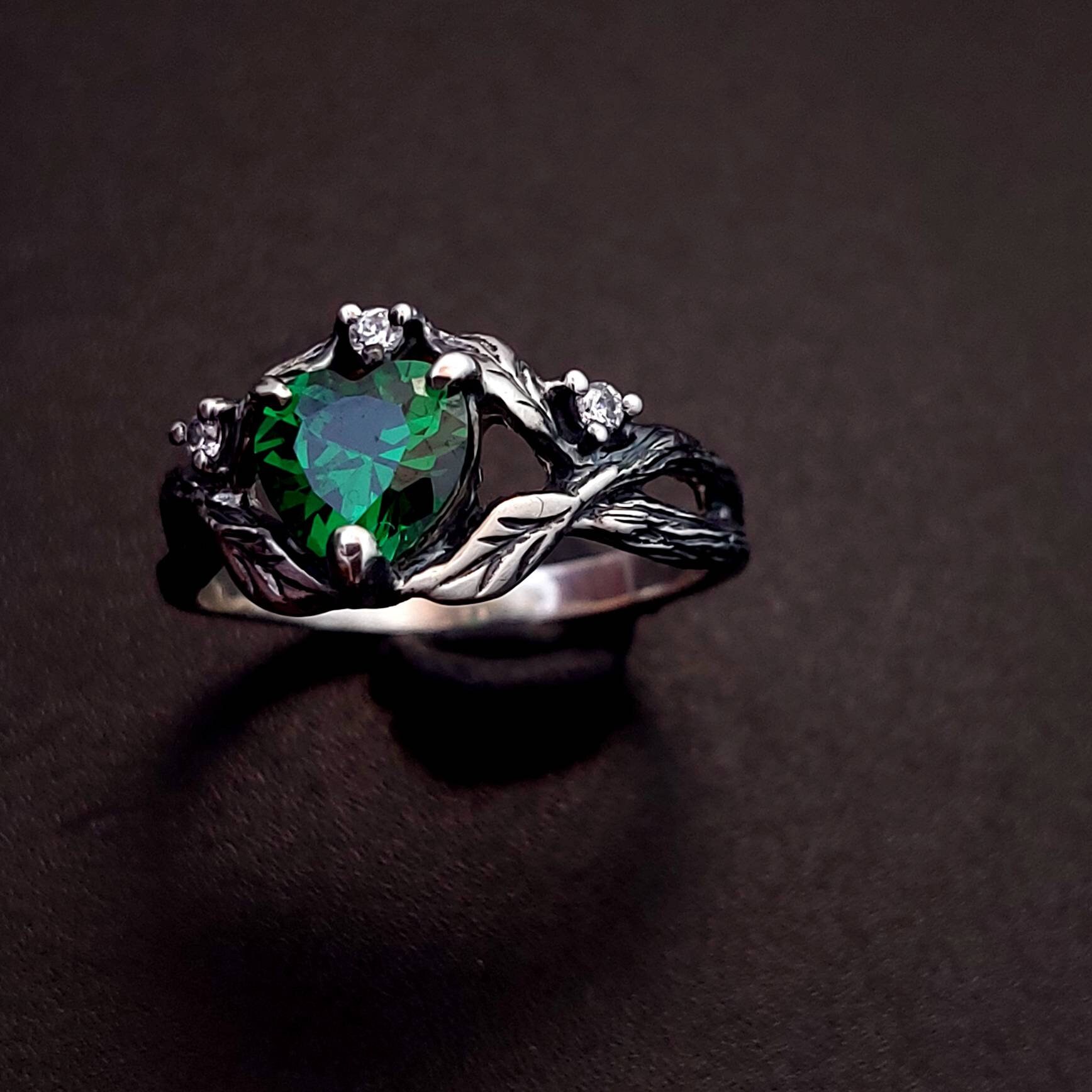 Emerald Ring Dainty Branch and Leaves: Handmade Silver Engagement Band ...