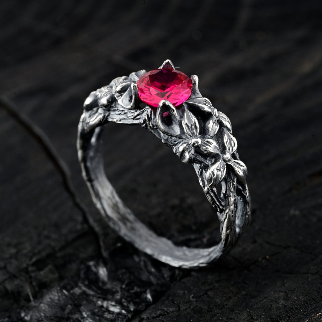 Unique Ruby Ring, Dainty Branch and Leaves Ring, Flower on the Twig ...